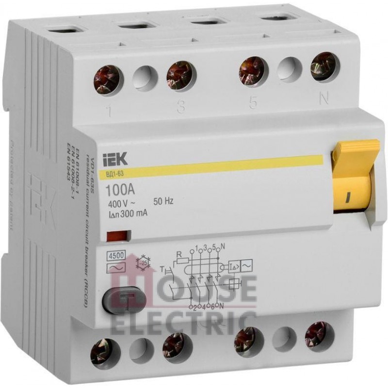 Дифференциальный выключатель IEK "УЗО" ВД1-63 4P 100A 300mA